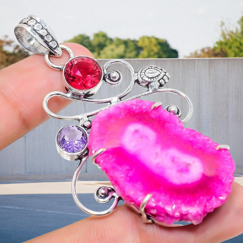Pink Solar Quartz Druzy, Garnet Gemstone 925 Sterling Silver Pendant 2. ...