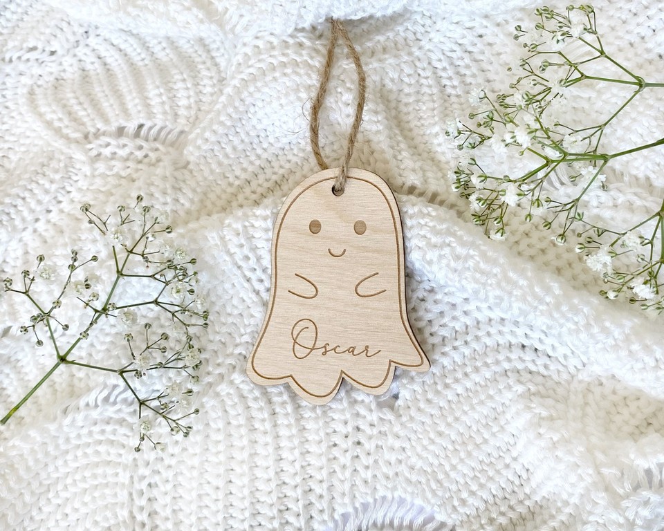 Personalised Engraved Halloween Ghost Name Tag | Baby's First Halloween ...
