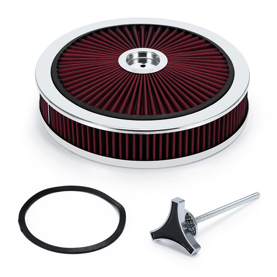 For SBC BBC High Flow 14" x 3" Round Red Thru Washable Air Cleaner w ...