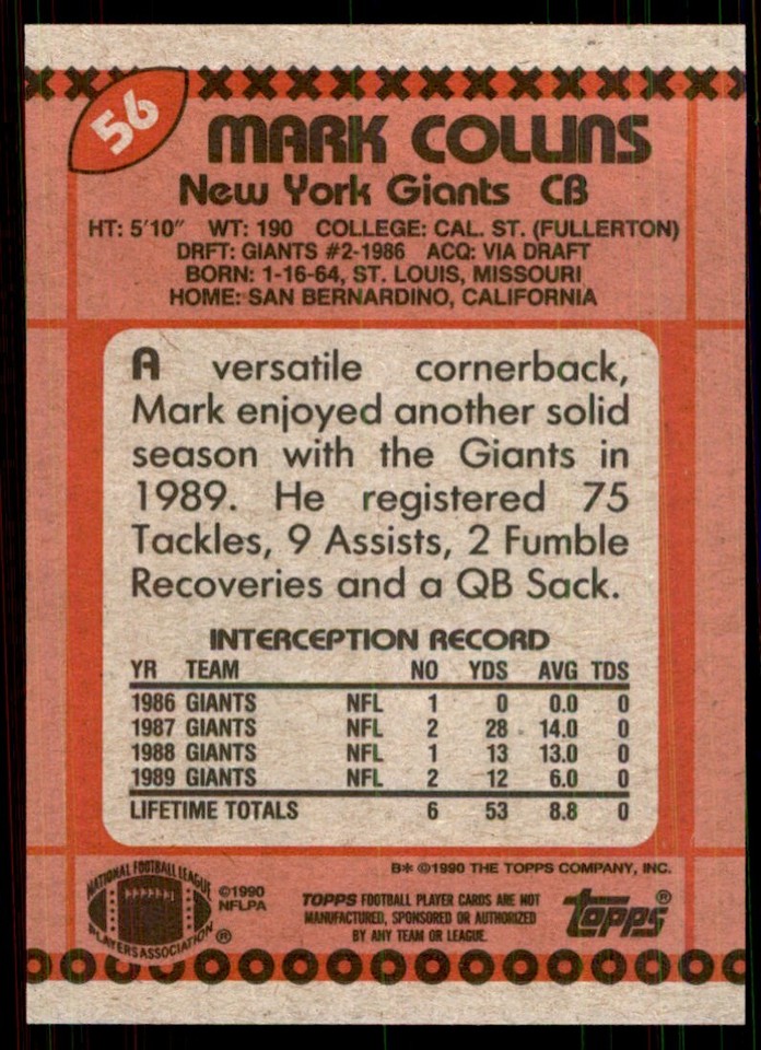 1990 Topps Mark Collins Football Cards #56 | eBay