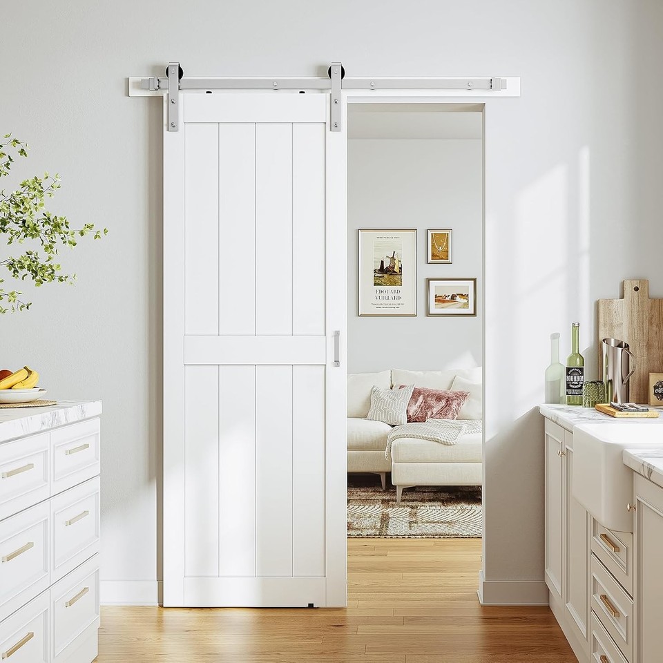 SmartStandard 30 x 84 inch White Sliding MDF Barn Door with 5FT Brushed ...