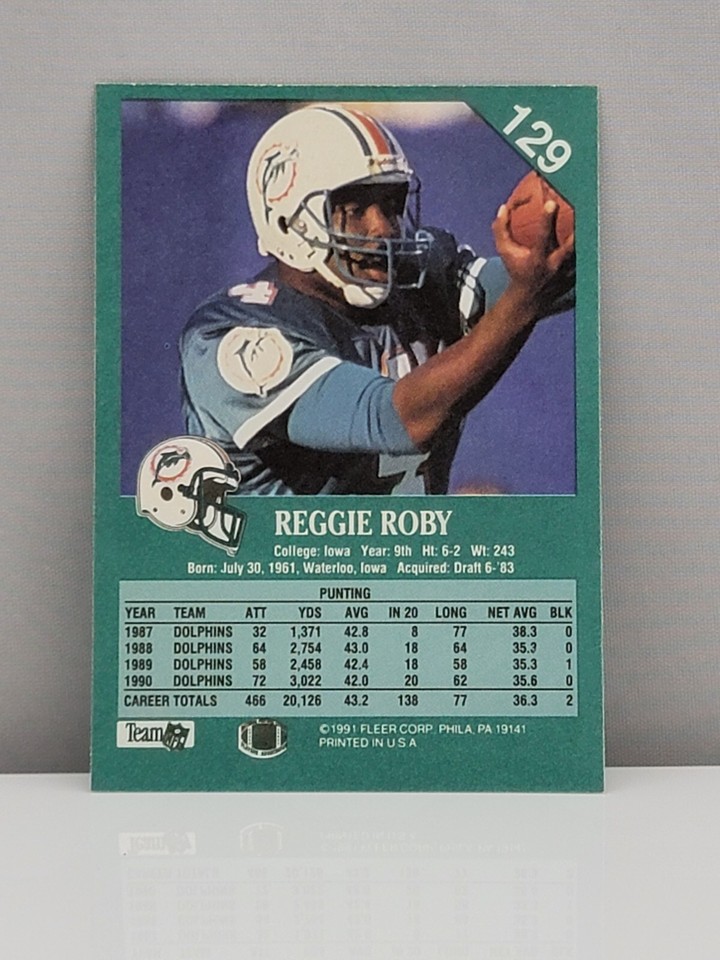 1991 Fleer Reggie Roby #129 NFL Miami Dolphins Football Trading Card ...