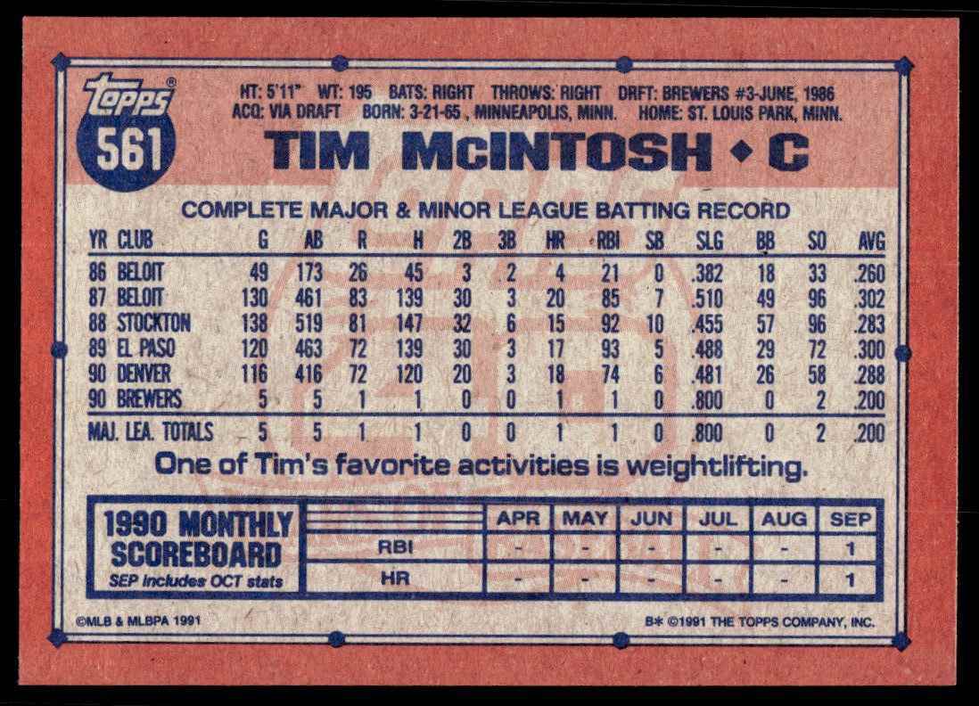 1991 Topps Baseball Card Tim McIntosh Milwaukee Brewers #561 | eBay