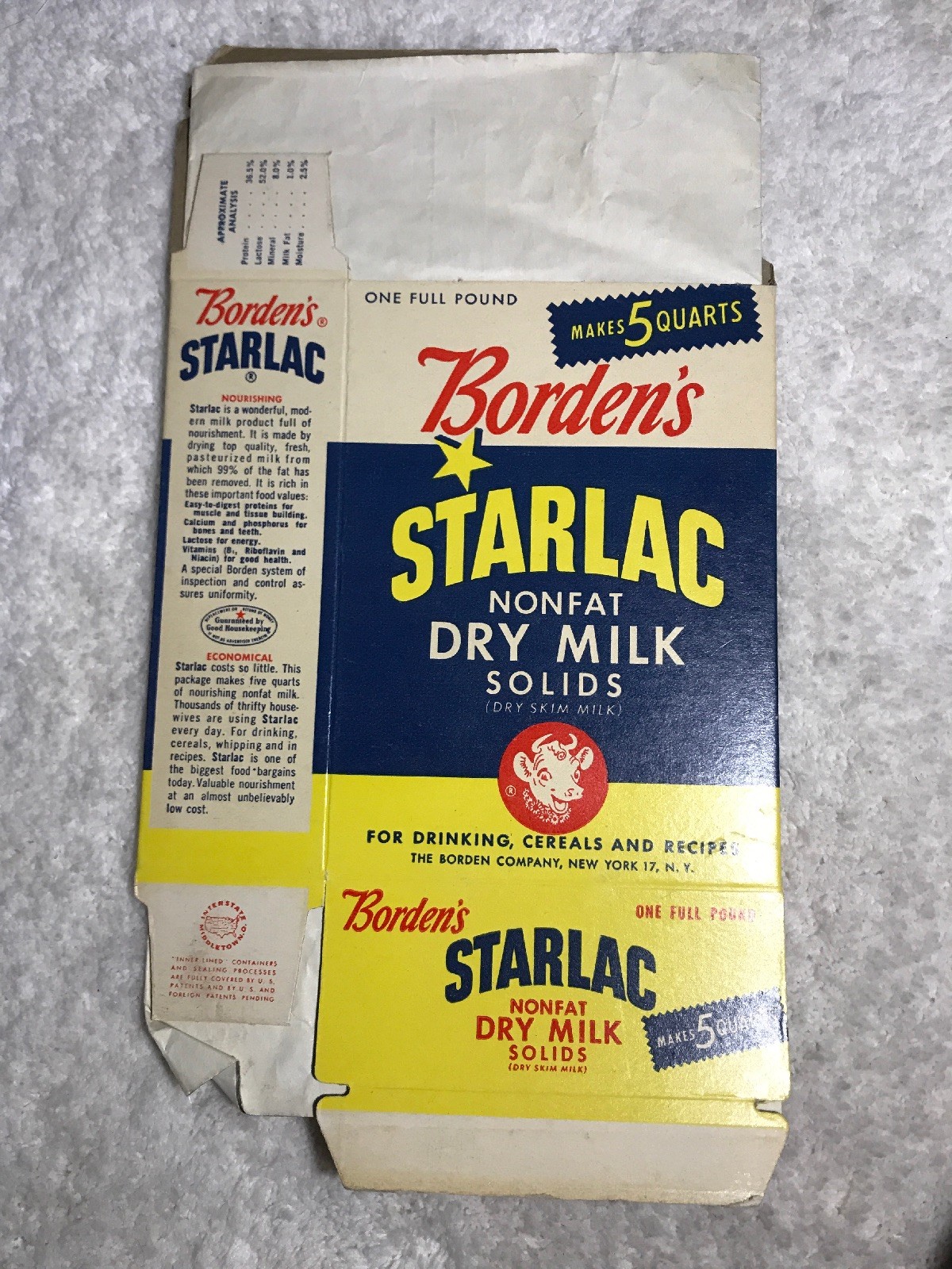 Antique VINTAGE BORDEN'S STARLAC NONFAT DRY MILK SOLIDS 1 LB BOX BESSIE ...