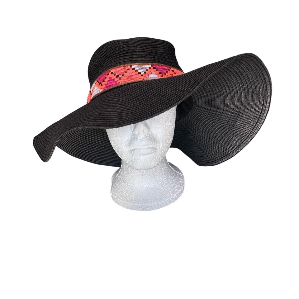 Black wide rim floppy beach hat with bright orange aztec print RN ...