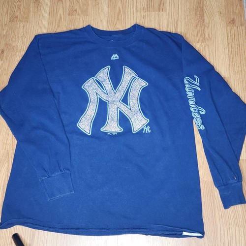 Mens L Majestic New York NY Yankees MLB Baseball Long Sleeve Shirt Side ...
