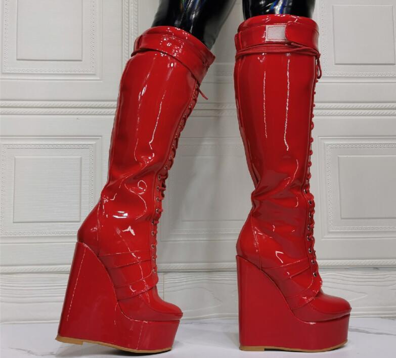 Womens Fashion Round Toe Lace Up Red Patent leather Knee Boots Wedge ...