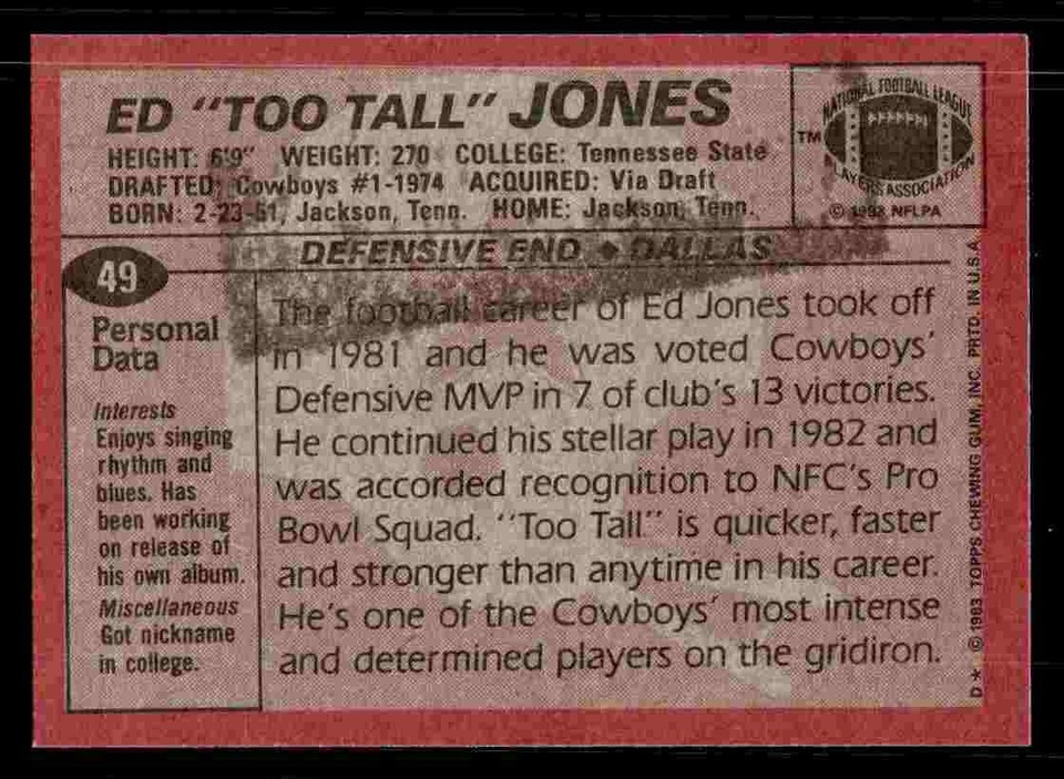 1983 Topps Ed "Too Tall" Jones #49 - Dallas Cowboys (See Back) | eBay