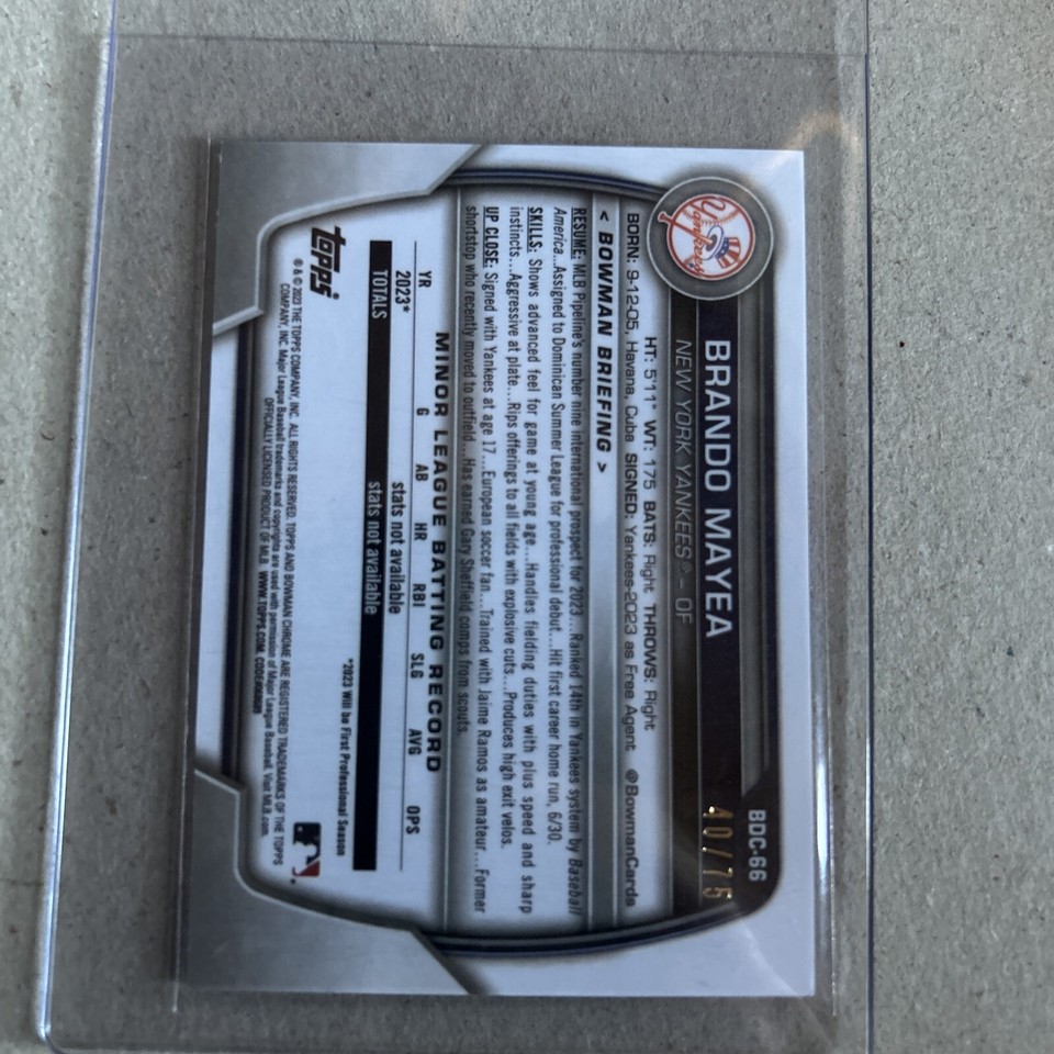 BRANDO MAYEA 2023 BOWMAN CHROME DRAFT SAPPHIRE YELLOW YANKEES /75 Q0766 ...