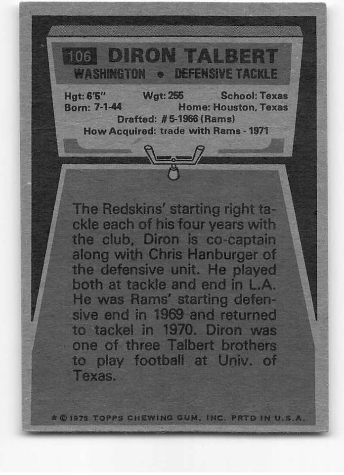 1975 Topps #106 Diron Talbert EX Excellent Redskins | eBay