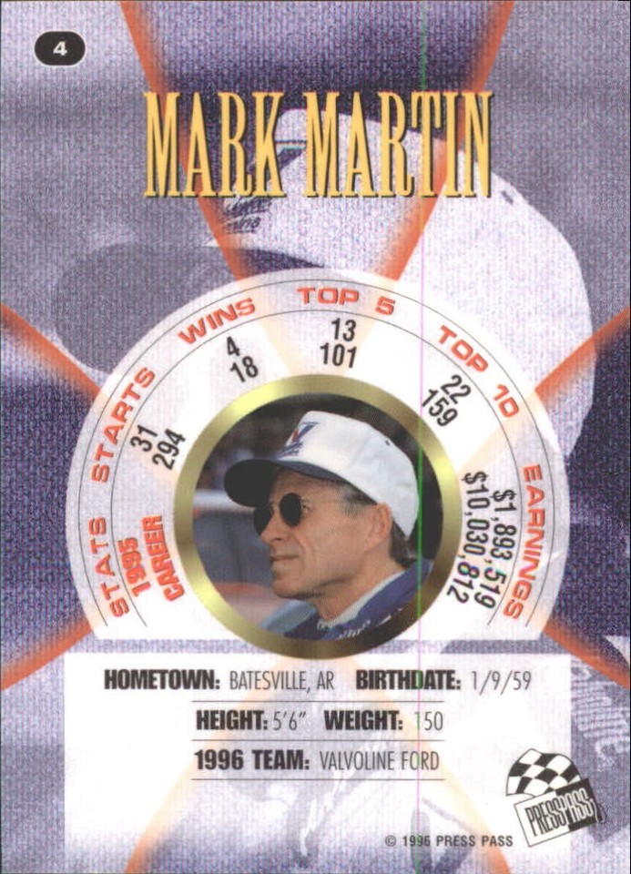 1996 Press Pass Premium Holofoil #4 Mark Martin Card | eBay