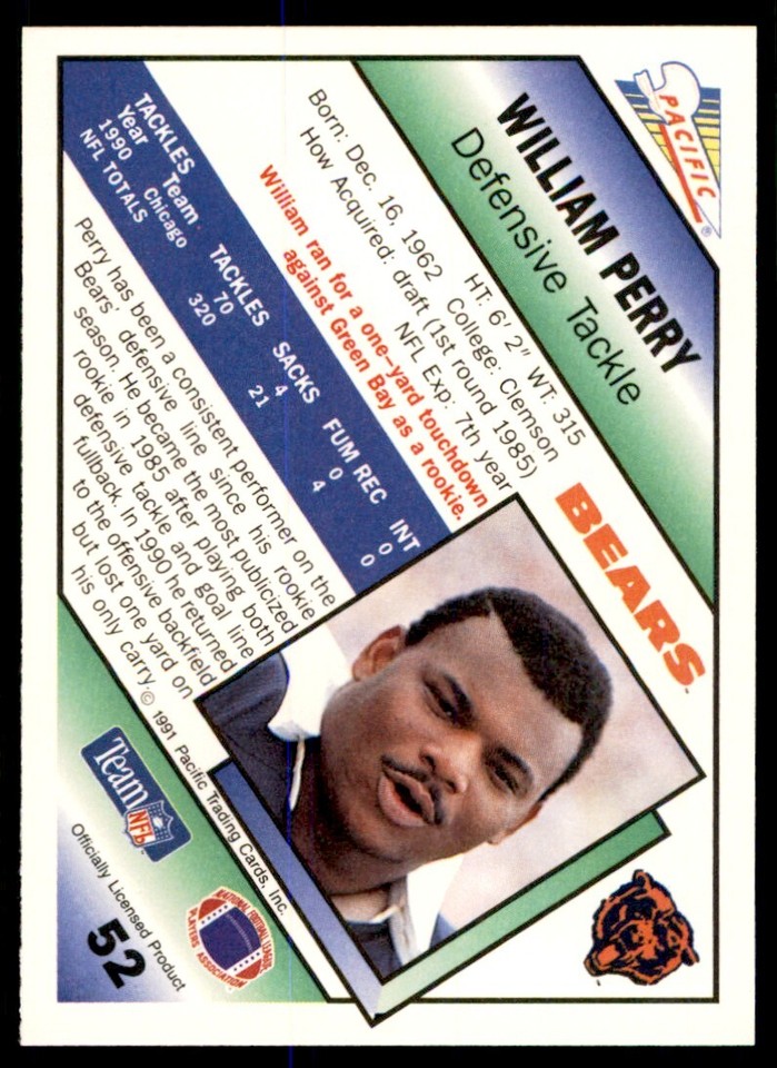 1991 Pacific William Perry . Chicago Bears #52 | eBay