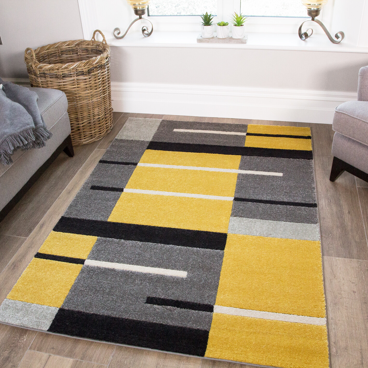 Ochre Mustard Rugs For Living Room Medium Size Yellow & Grey Geometric ...
