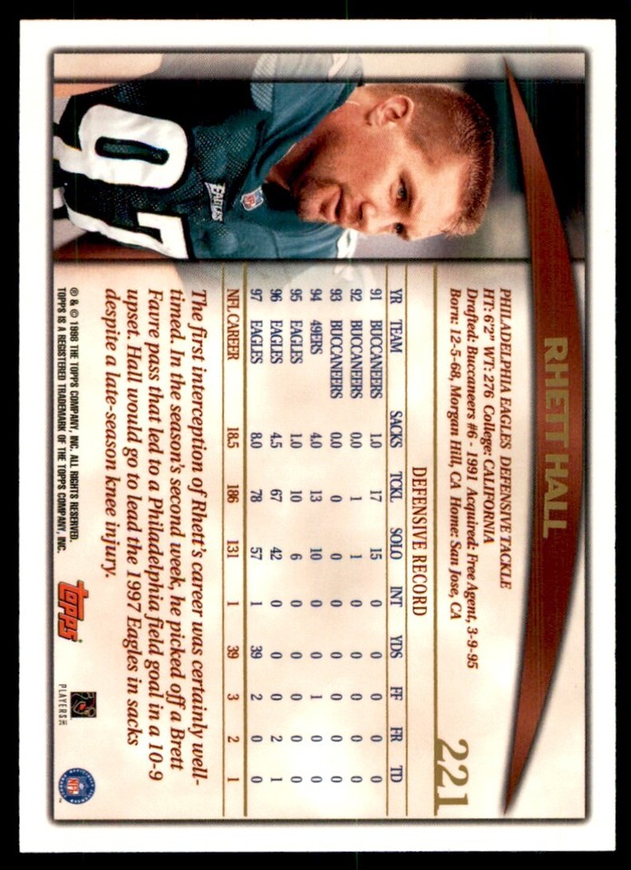 1998 TOPPS RHETT HALL PHILADELPHIA EAGLES #221 | eBay