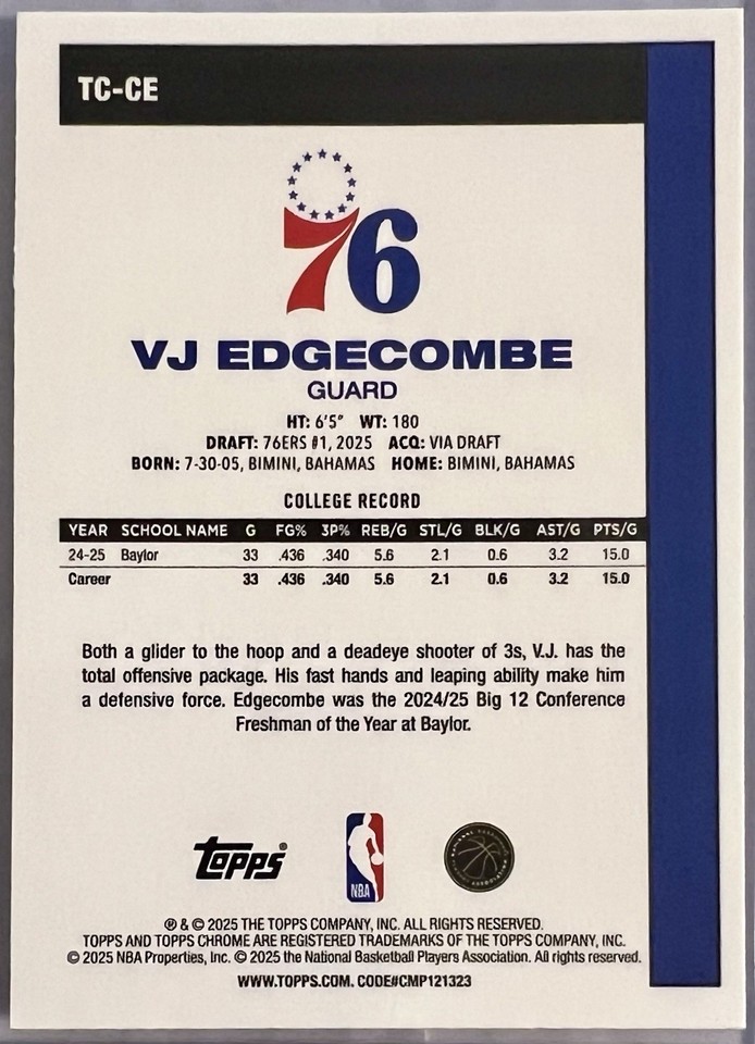 2025-26 VJ Edgecombe Topps Chrome Rookie Silver Mojo 45th Anniversary 76ers RC | eBay
