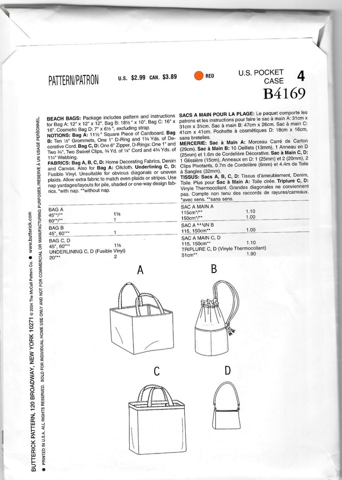 Butterick 4169 Pattern BAGS ~ Beach, Market, Totes & Bucket Bags w ...