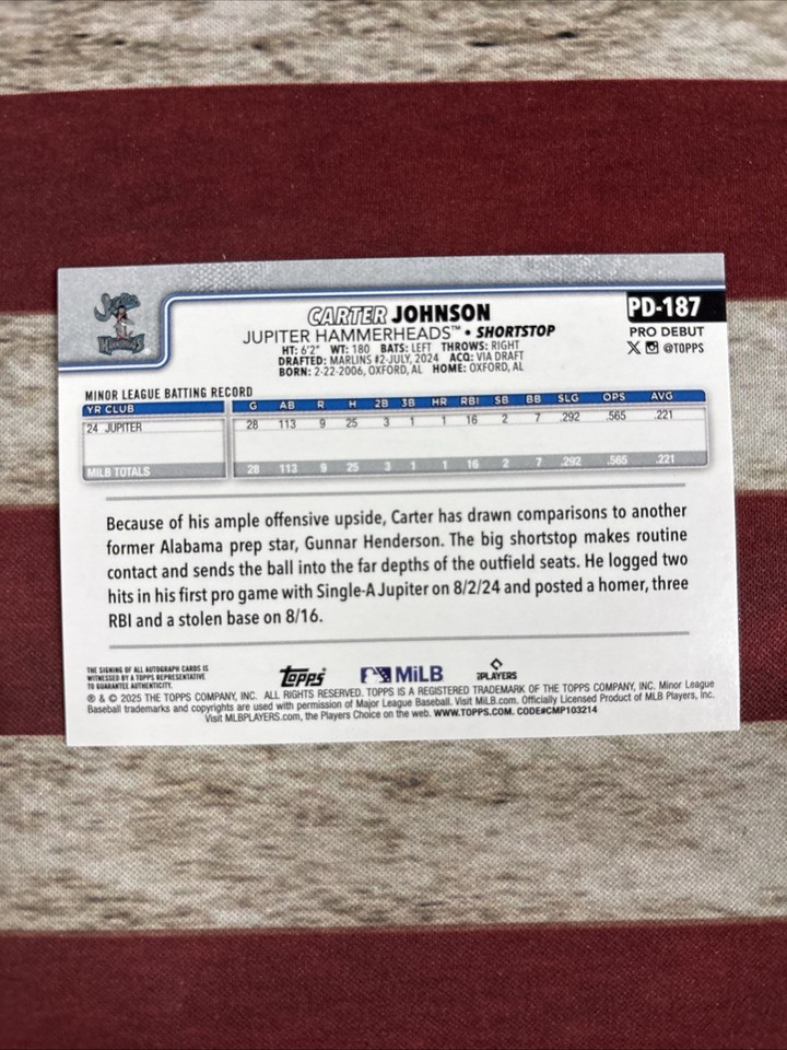 2025 Topps Pro Debut - Carter Johnson #PD-187 Autographs (AU, RC) | eBay