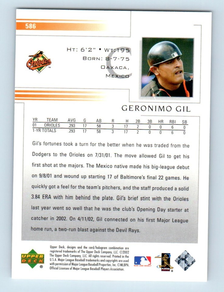 2002 Upper Deck Geronimo Gil Baltimore Orioles #586 | eBay