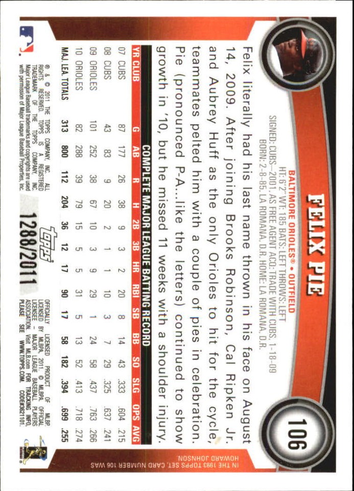 2011 Topps Gold Baltimore Orioles Baseball Card #106 Felix Pie /2011 | eBay