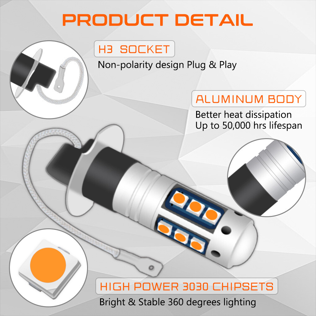 2Pcs H3 LED Fog Light Bulb Conversion Kit Super Bright Yellow DRL Lamp ...