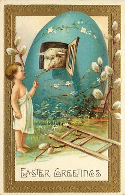 Embossed Easter Postcard 315. Toga Boy Visits Lamb Living in Blue Egg ...