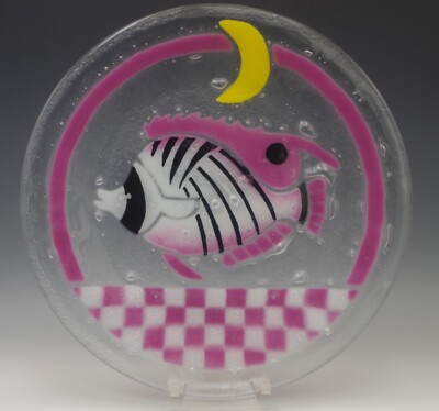 PEGGY KARR FUSED GLASS SIGNED TROPICAL FISH PINK CHECKER PLATTER 13.5 ...