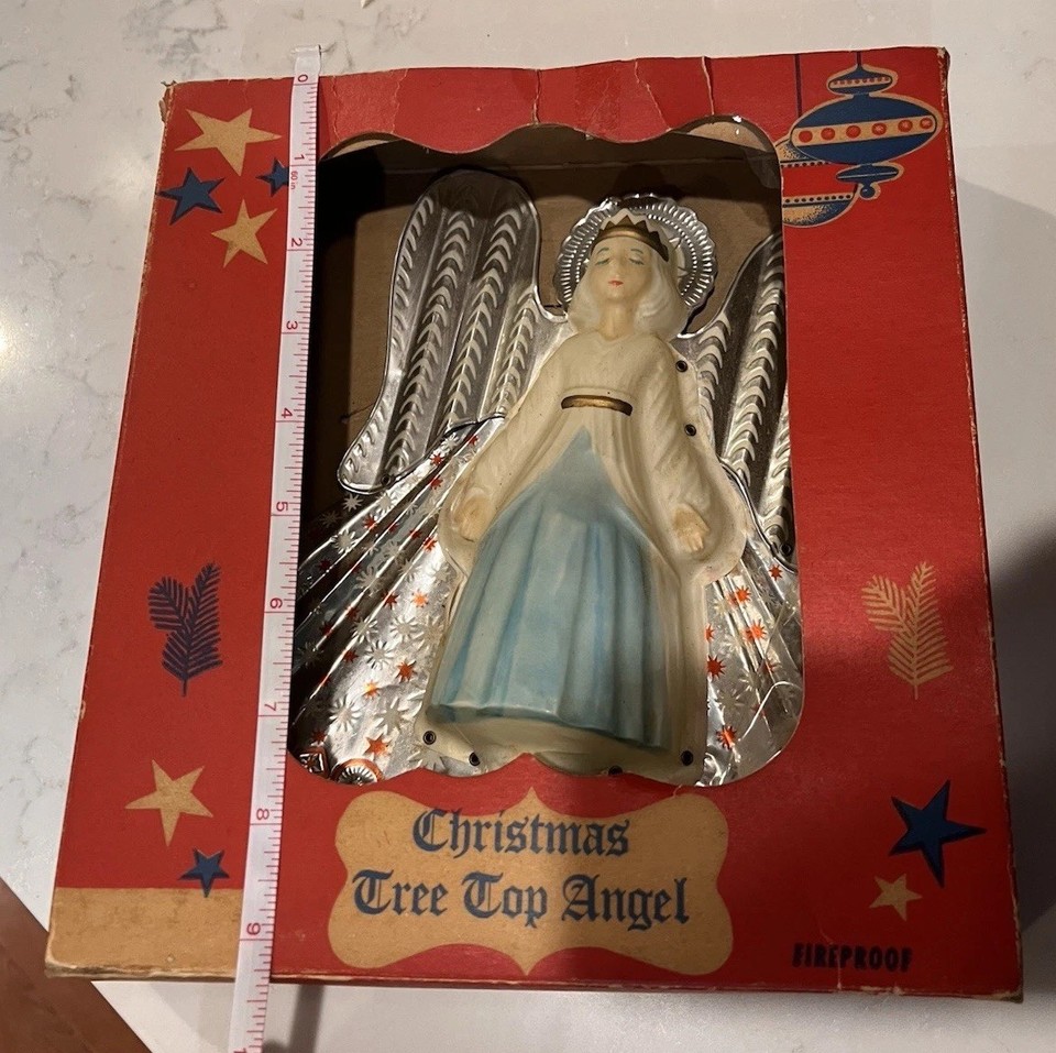 Vtg 1950s MCM Celluloid Angel Christmas Tree Topper Foil Wings Red ...