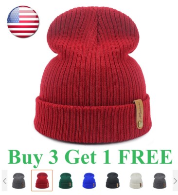 Thick Beanie warm Plain Knit Hat Baggy Cap Cuff Slouchy Skull Hats Ski ...