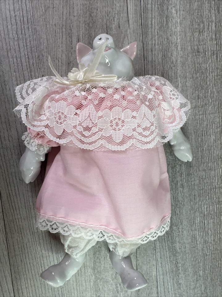 Unbranded Porcelain Pig Doll In A Pink Dress Lace & Small Wood Shelf ...