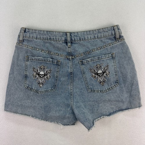 Hot Topics Blue Y2K Rhinestone Skull Patch Jean Shorts Juniors 9 Indigo ...