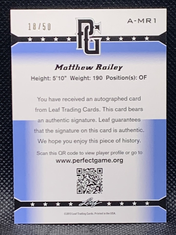 2013 Leaf Perfect Game #A-MR1 Matthew Railey Autographs Gold | eBay