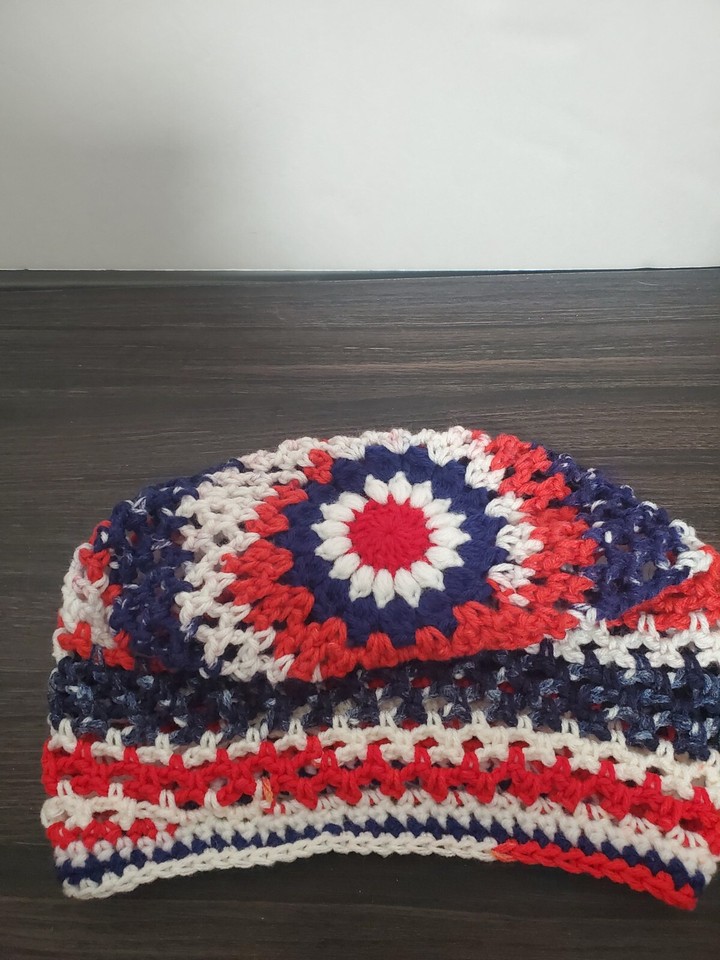 Red White & Blue Crochet Handmade Sunflower Mesh Beanie Hippie Slouch ...