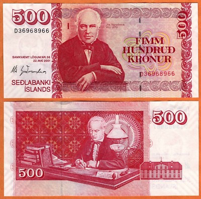ICELAND 2001 UNC 500 Krónur Kronur Banknote Paper Money Bill P- 58a(3 ...