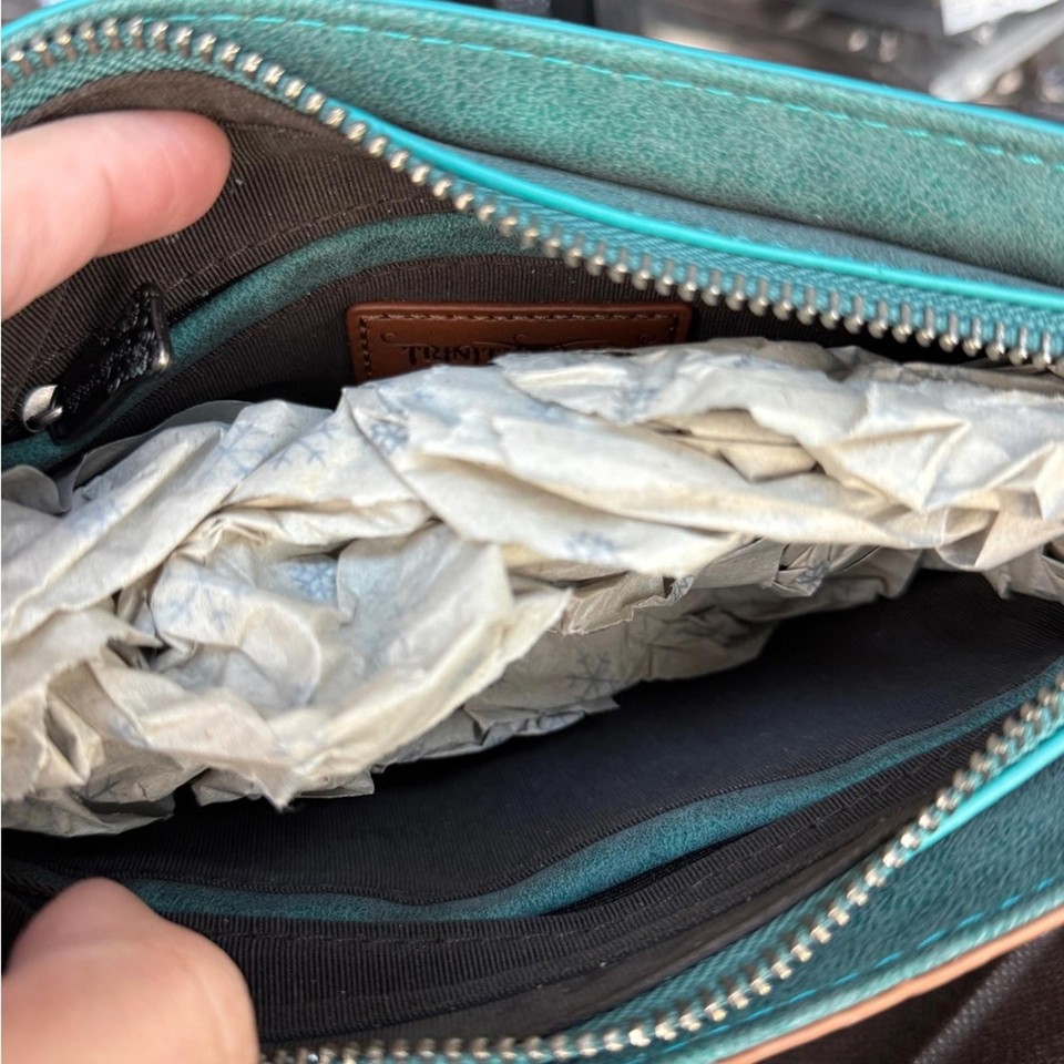 Trinity Ranch Cowhide/Tooled Fringe Crossbody Turquoise NWT | eBay