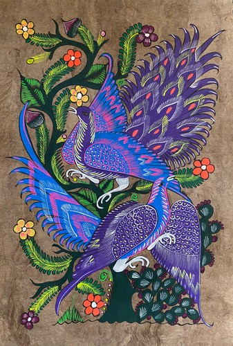 15 1/2 X 23" Mexican Folk Art Amate Bark Painting Aztec Love Bird ...