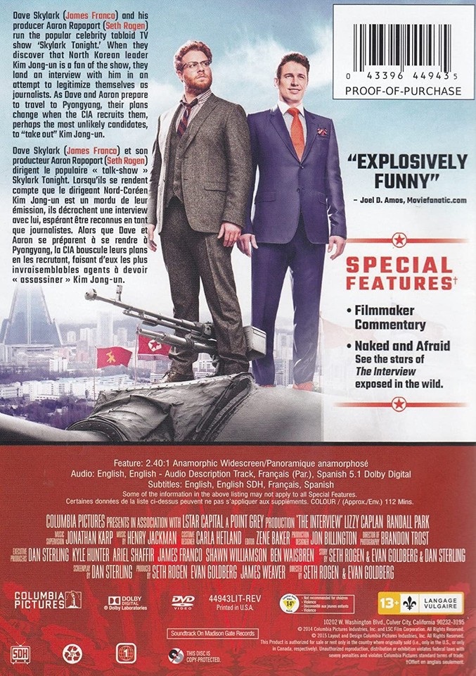 The Interview (DVD) Seth Rogen James Franco Lizzy Caplan Randall Park ...