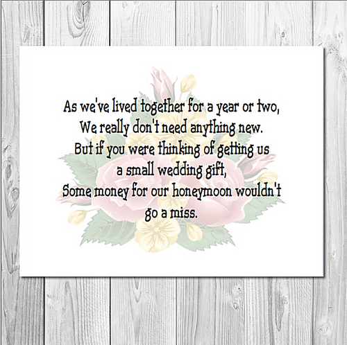 10 PERSONALISED WEDDING MONEY POEM / GIFT POEM CARDS / HONEYMOON WISH ...