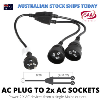 Y Splitter Power Extension Lead Cable 10AMP GPO Plug to 2 x GPO Sockets ...