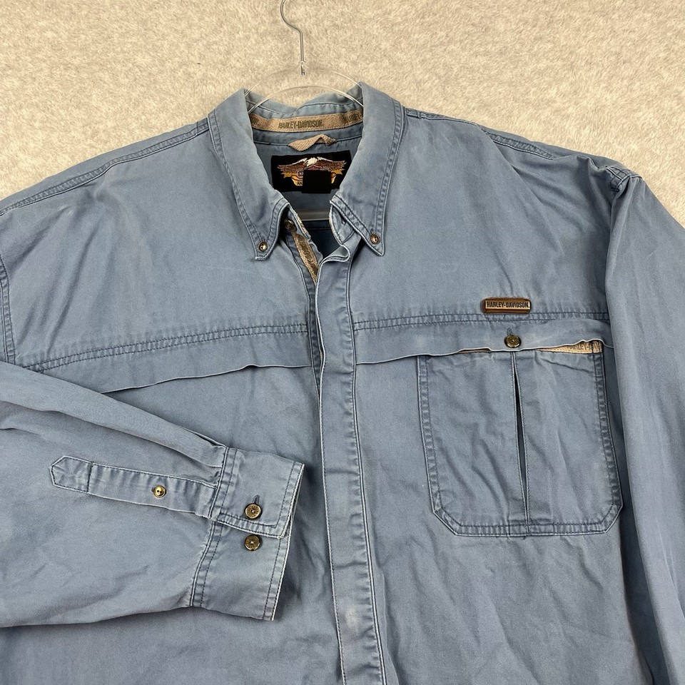 Vintage Harley Davidson Shirt Mens 2XL XXL Blue Biker Canvas Button ...