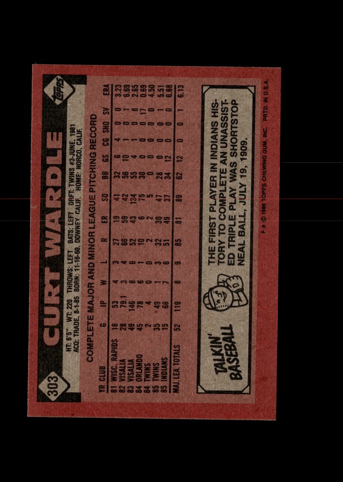 Curt Wardle RC - 1986 Topps Baseball #303 - Cleveland Indians + FAST ...