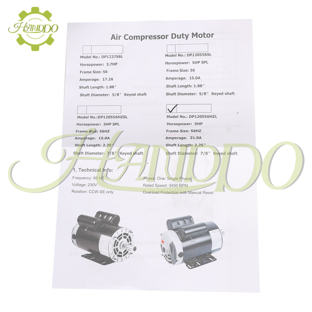 Compressor Duty Electric Motor 5 HP 230V 1 Phase 3450 RPM Frame-56 HZ 7 ...