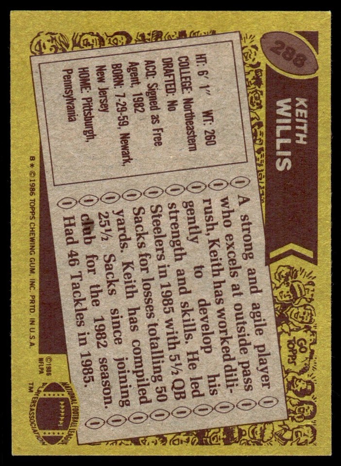 1986 Topps Keith Willis Pittsburgh Steelers #288 | eBay