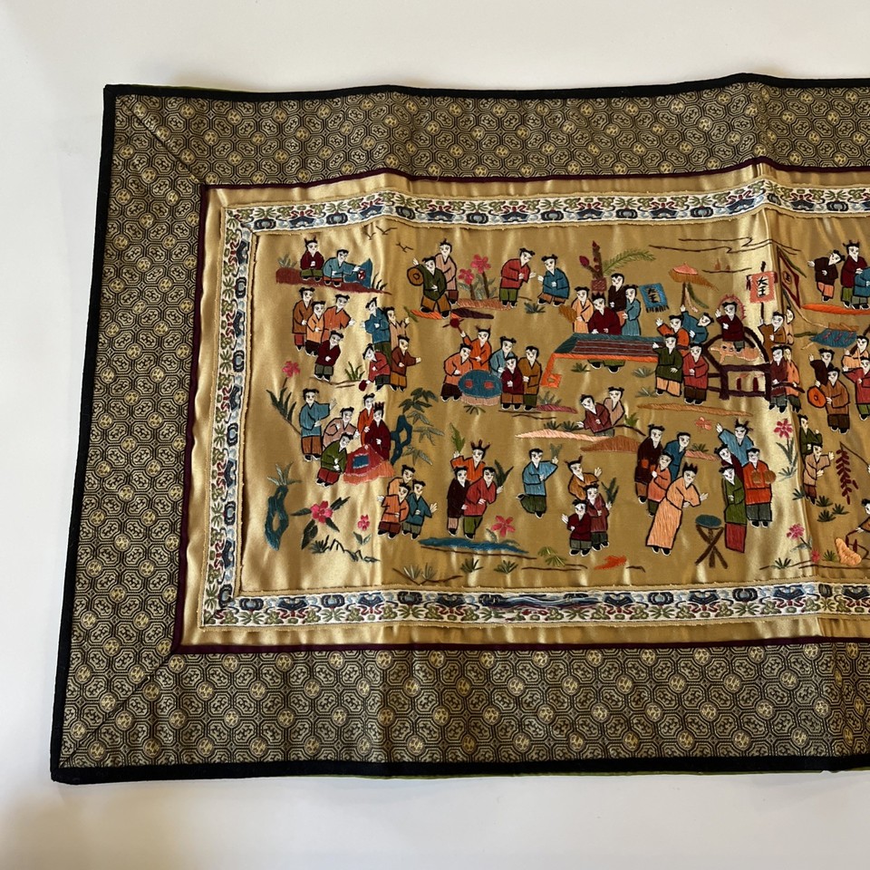 Vintage Chinese Children& Family Playing Silk Embroidery Tapestry 25”x ...