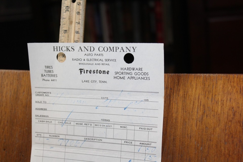 1954 Vintage Receipt Firestone Store Hicks and Co. Lake City Tennessee ...