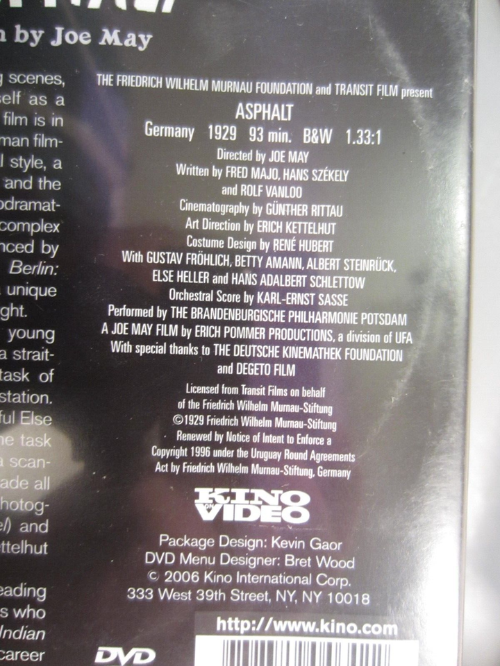 Asphalt DVD 1929 German Silent Drama - Kino 738329046422| eBay