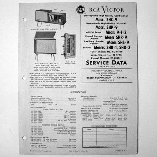 RCA ® Models SHC-9 SHP-9 SHR-9 SHS-9 Radio Phonograph Service Manual - 1958 | eBay