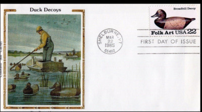 BROADBILL DUCK DECOY FOLK ART CARVED WOOD 1985 COLORANO SILK CACHET FDC ...