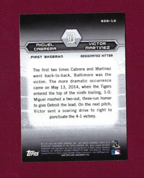 2016 Topps Back to Back B2B-10 Cabrera & Ordonez Detroit Tigers ...