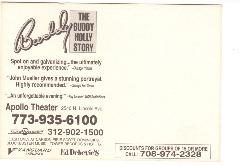Adv Postcard: Buddy Holly Story, Apollo Theater, Chicago, IL - Peter ...
