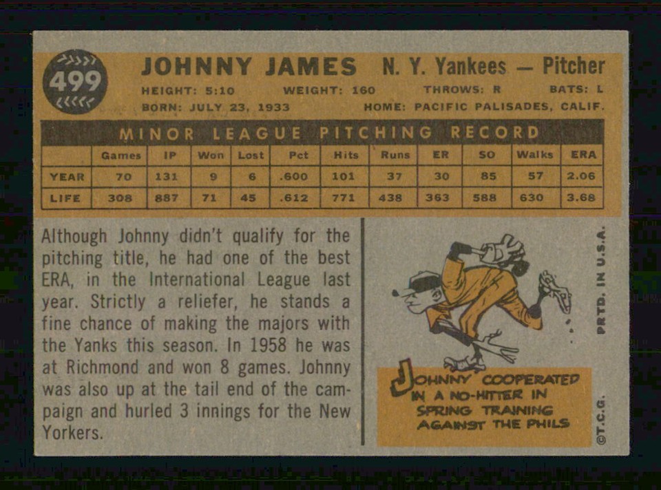 1960 TOPPS BASEBALL # 499 JOHNNY JAMES RC 12602 | eBay